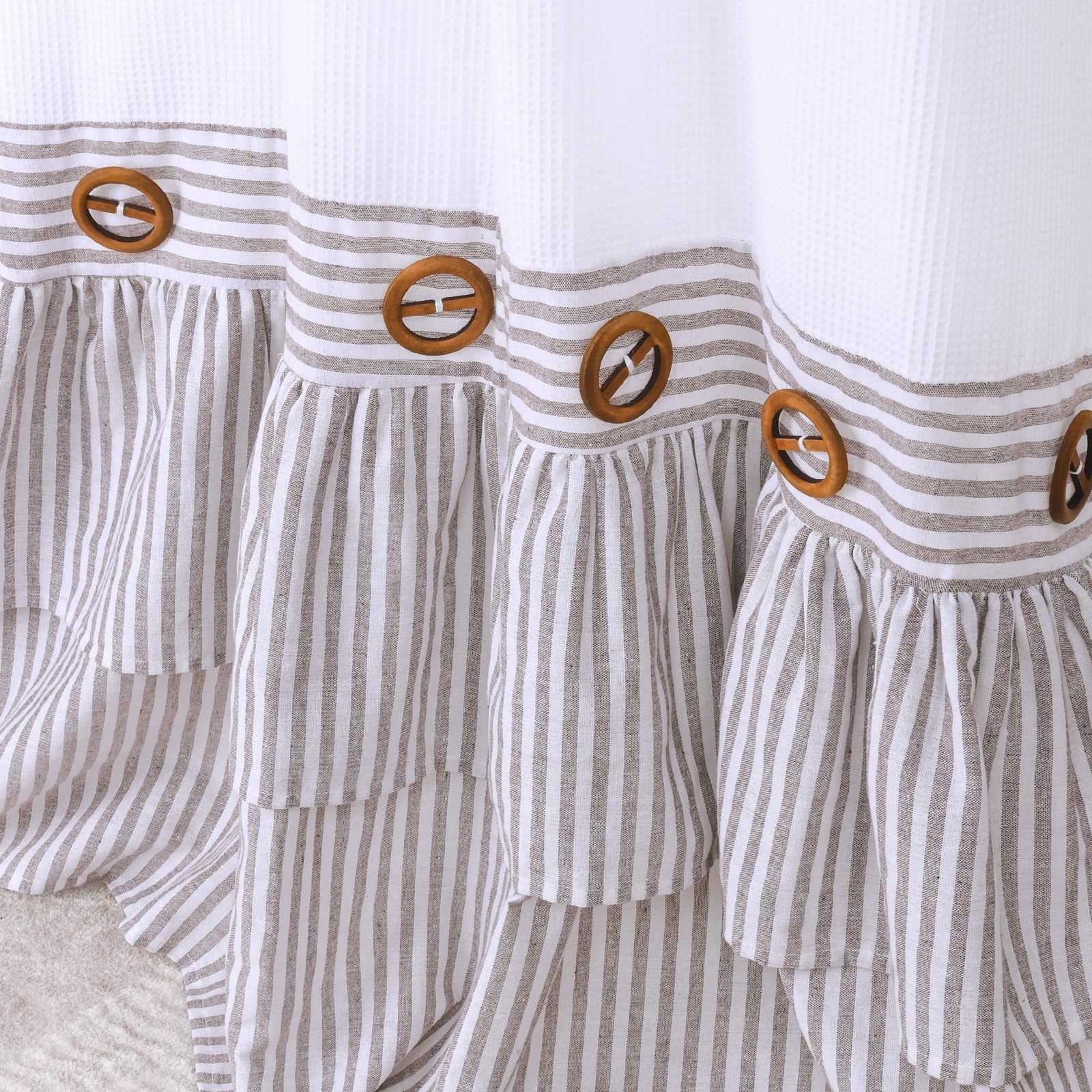 Farmhouse Kitchen Curtains Cotton Blend Waffle Weave Tier Curtains Tab Top Boho Rustic Button Curtains Brown Stripe Light Filtering Small Curtain for Kitchen Bathroom Bedroom 26''W x 36''L, 2 Panels