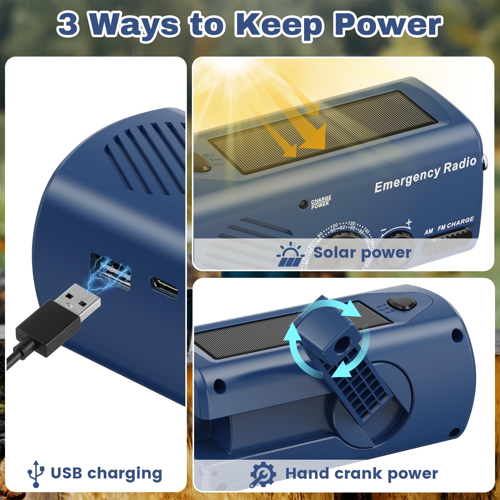 Emergency Hand Crank Radio AM/FM with LED Flashlight, Portable Weather Radio with Solar Charging Manual Crank and Battery Operation, Mergency Phone Charging for Home Outdoor Camping(Blue)