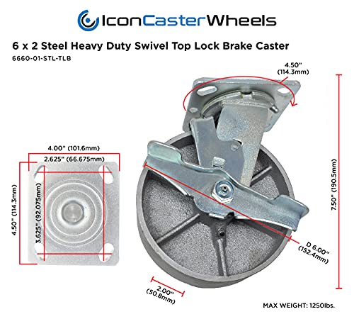 IconCasterWheels 6" x 2" Steel Heavy Duty Caster, Set of 4 Industrial Casters | 2 Swivel Top Lock Brake Caster & 2 Rigid Top Plate Caster | Top Plate 4 x 4.5", Load Capacity 4,800 lbs per Set (4-Pack)