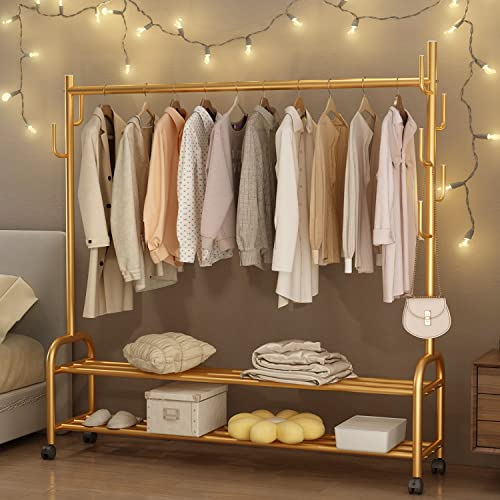 Thick forest Gold Clothes Rack Gold Clothing Rack Gold Garment Rack Rolling Organizer with Wheels Bottom Shelves Double Tiers for Multipurpose (Gold)