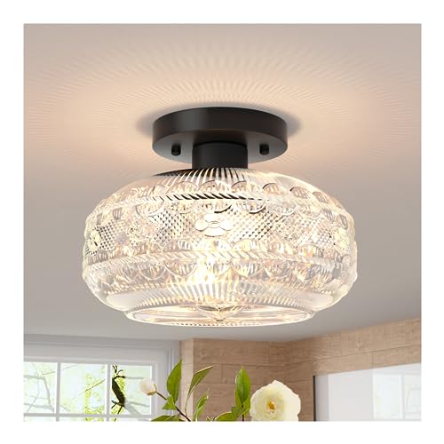 Semi Flush Mount Ceiling Light,Black Hallway Light Fixture,Globe Glass Close to Ceiling Light,Vintage Indoor Hanging Light,Farmhouse Pendant Lamp for Kitchen Entryway Bathroom Porch,Bulb Not Included