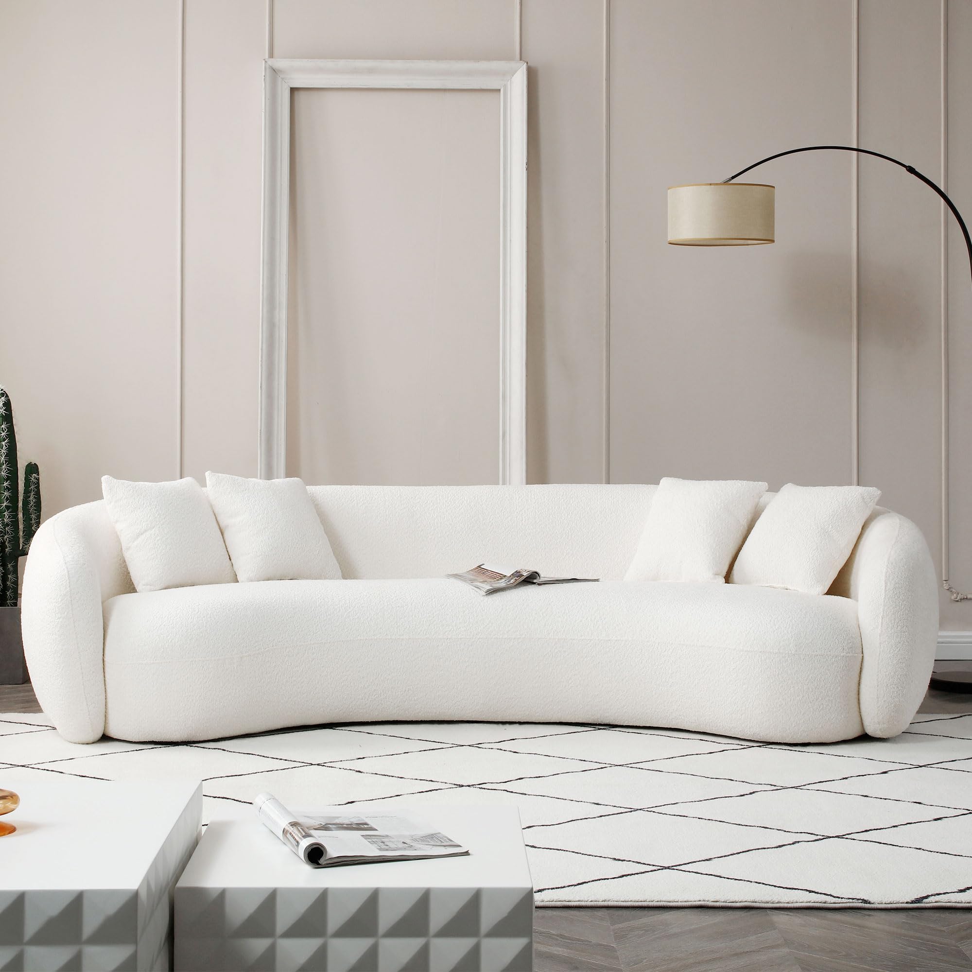 kevinplus 101'' White Curved Sofa Boucle Cloud Couch for Living Room, Modern Luxury Contemporary Upholstered Sectional Sofa Couch for Home Apartment Office Studio, White