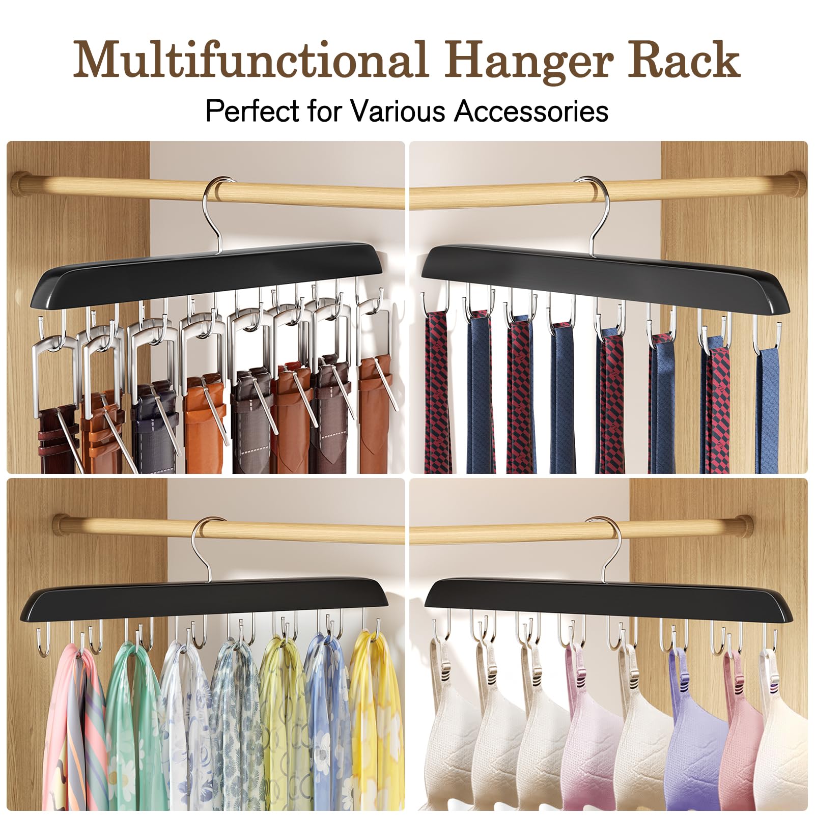 MaxGear Belt Hanger for Closet Max 42 Belts, Lotus Wood Belt Organizer with 14 Hooks, 360°Rotating Belt Holder Large Capacity Belt Rack for Belt, Tie, Bra, Tank Top & Underwear Storage - Black, 1 Pack