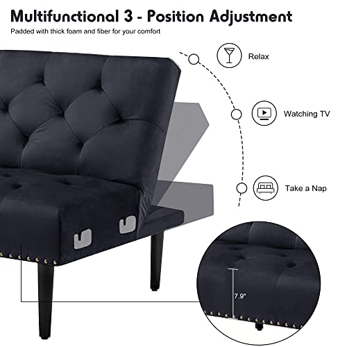 ivinta Convertible Velvet Sofa Couch, Sectional Sofa with Ottoman, Mid-Century Upholstered Comfy Sofa Bed, Queen Sleeper Sofa for 4-Seater, Modular Sofa for Living Room (Black)