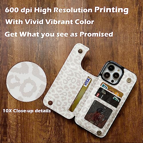 uCOLOR Compatible with iPhone 14 Pro Max 6.7" Wallet Case with Card Holder Folio Flip PU Leather Kickstand Card Slots Case Double Magnetic Clasp and RFID Blocking Cover 6.7 Inch (Beige Leopard)
