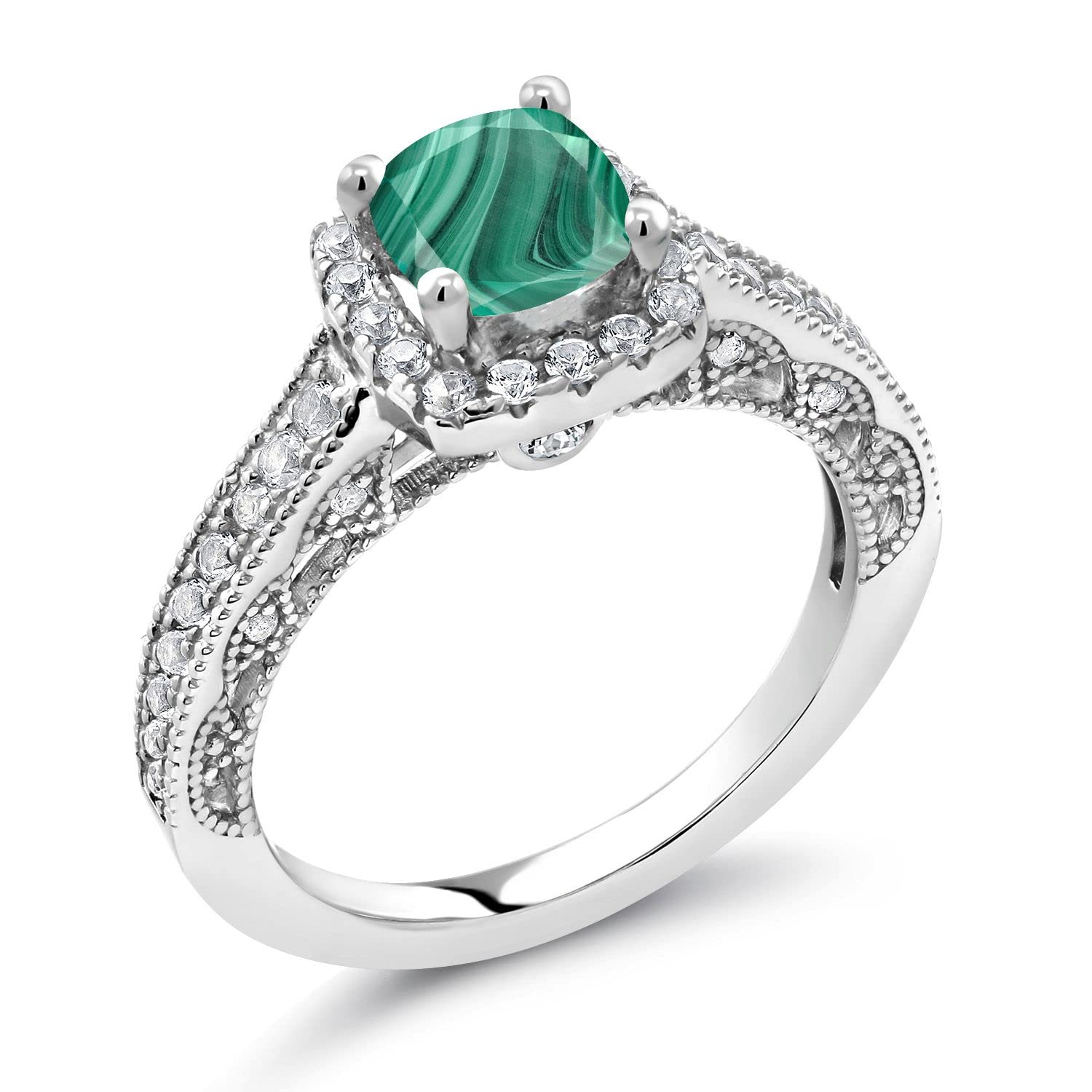 Gem Stone King 925 Sterling Silver 6MM Cushion Gemstone Birthstone and Accent White Created Sapphire Engagement Ring | Wedding Anniversary Promise Ring For Women | Available In Size 5, 6, 7, 8, 9