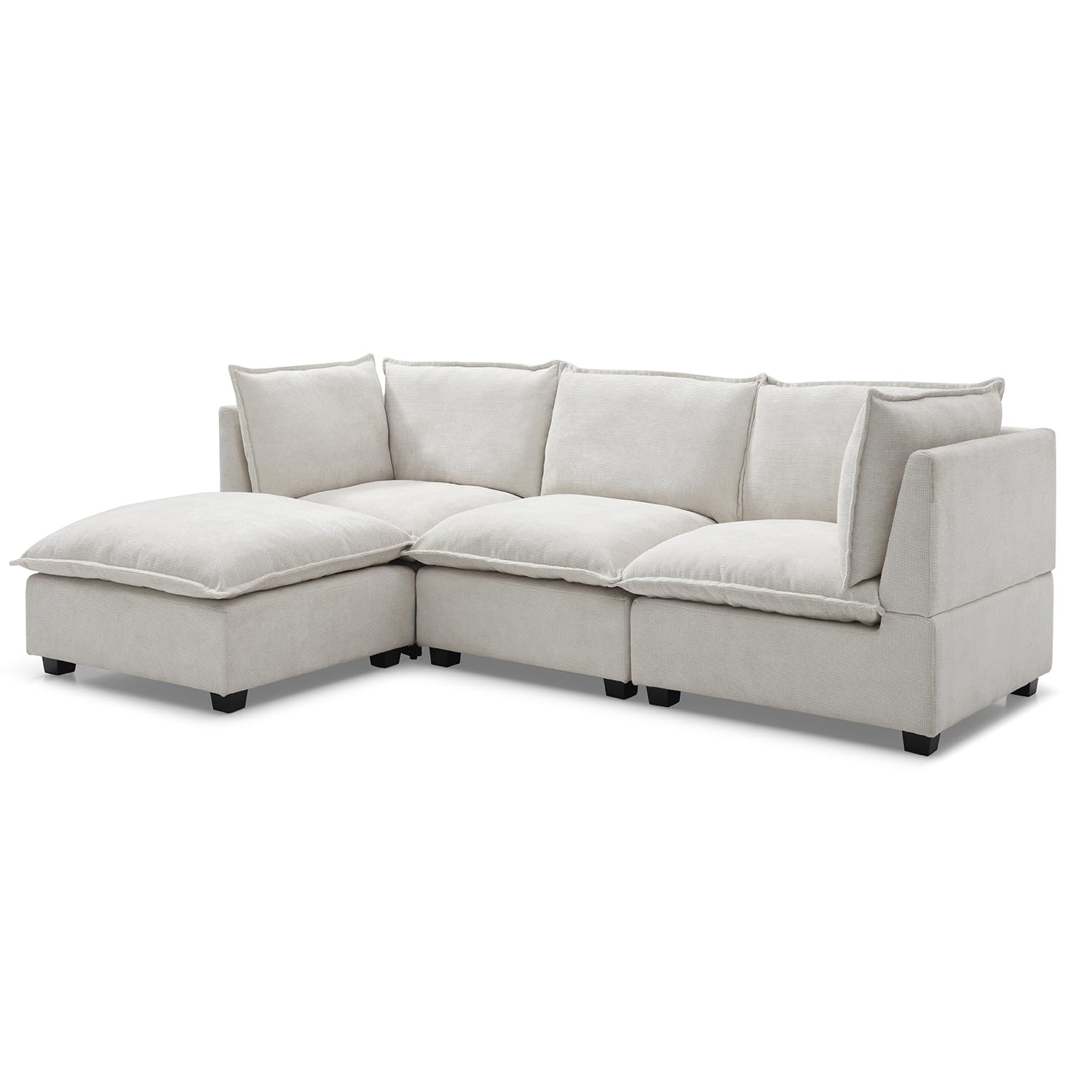 kevinplus 99.3'' Sectional Sofa Couch Cloud Sofa Couch Dupes with Feather Filled for Living Room, Modern Modular 3-Seat L-Shape Sofa Couch with Convertible Ottoman, Linen Fabric, Beige