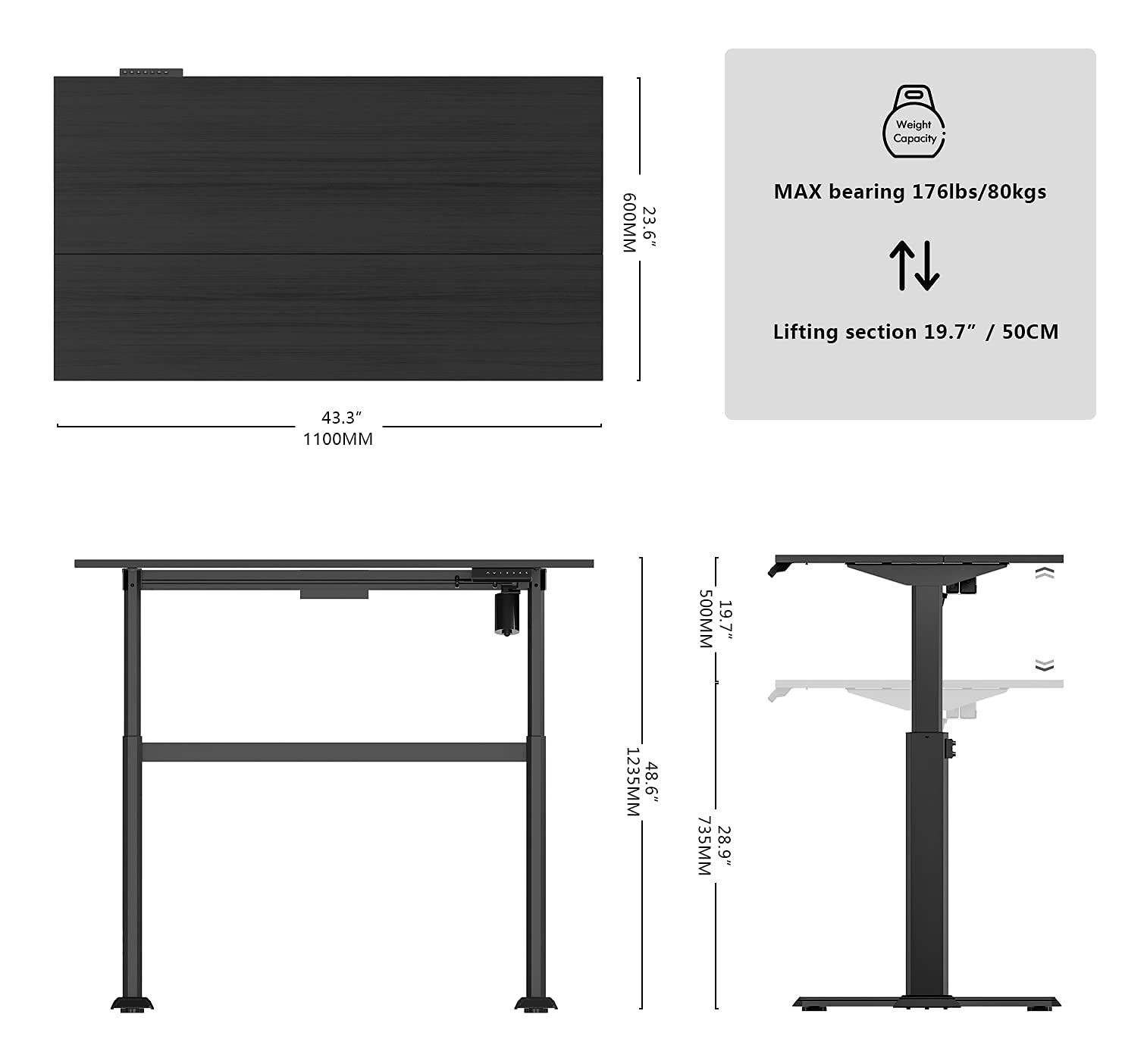 Fenge Height Adjustable Standing Desk- 43x24ββ Electric Stand Up Desk - Sit Stand Desk, Ultra-Quiet Motor, Home Office Workstation, Black