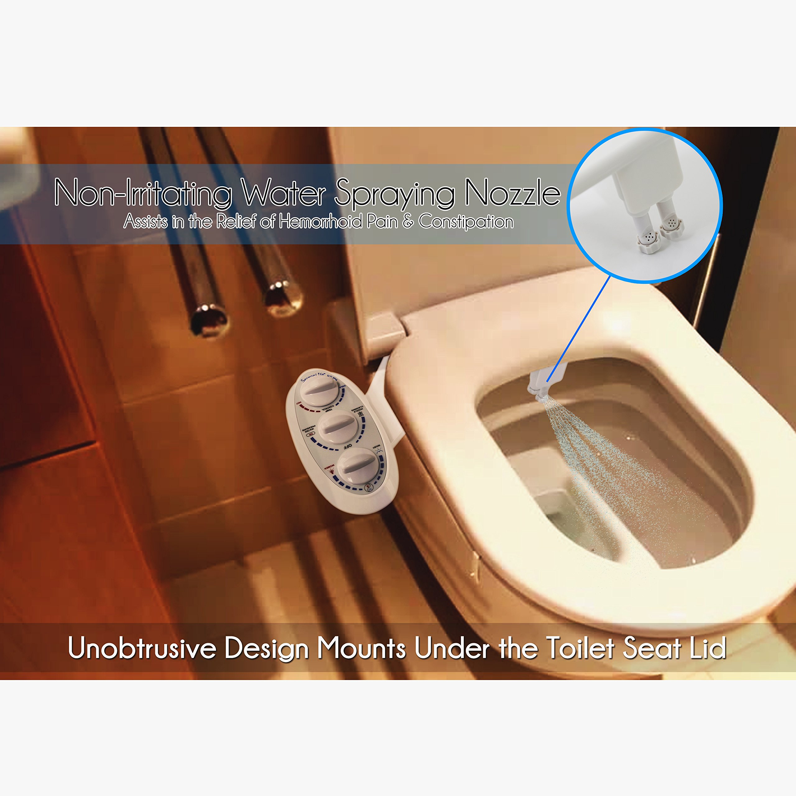 Serenelife Bathroom Bidet Seat Attachment - Fresh & Hot Water Adjustable Function with Plastic Sprayer for Full Cleaning - Standard Non-Electric Mechanical Self Clean Personal Hygiene