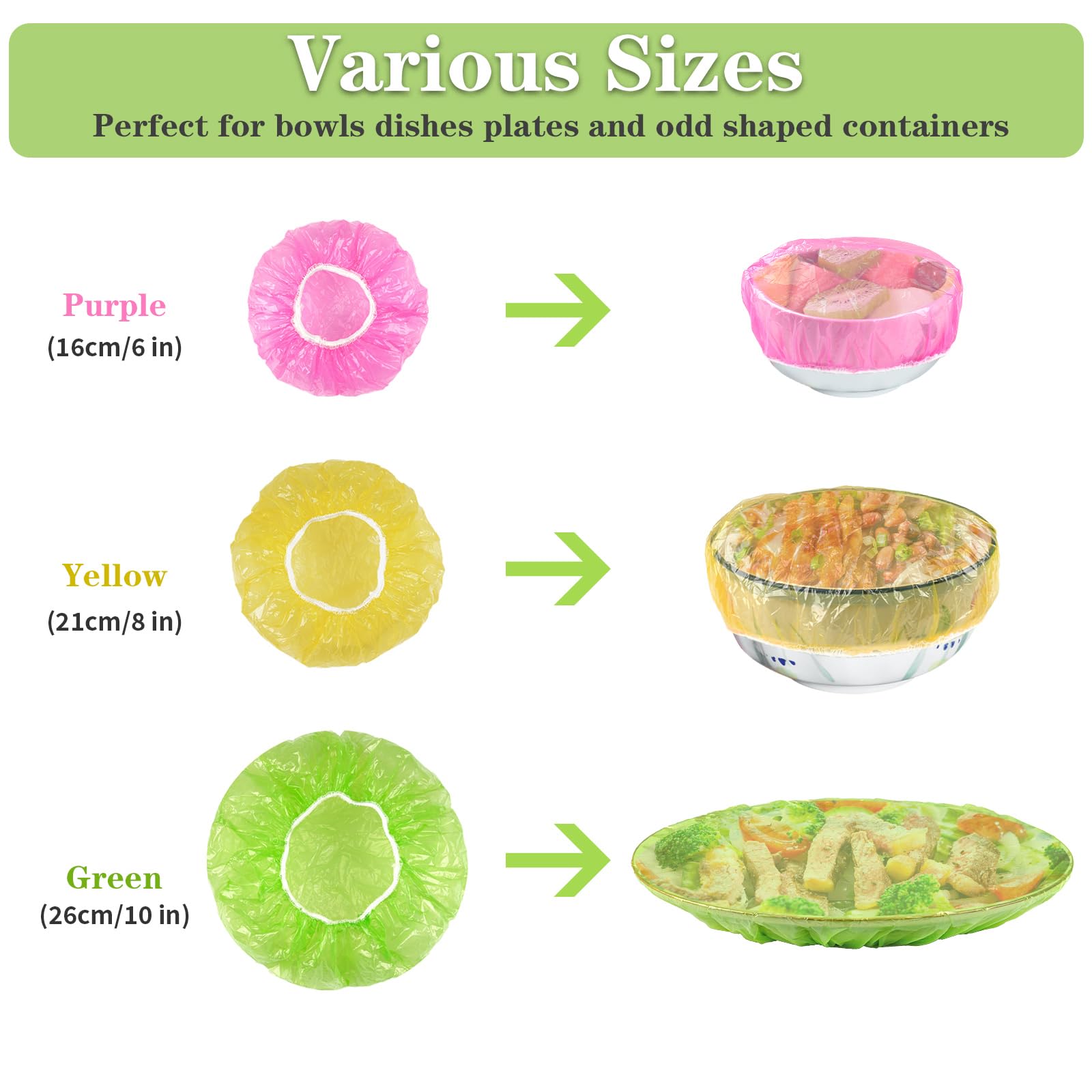 Plastic Bowl Covers Elastic Reusable - 60 PCS Fresh Keeping Bags, 3 Size Food Covers Stretch, Shower Cap Bowl Storage Covers(6/8/10inch)