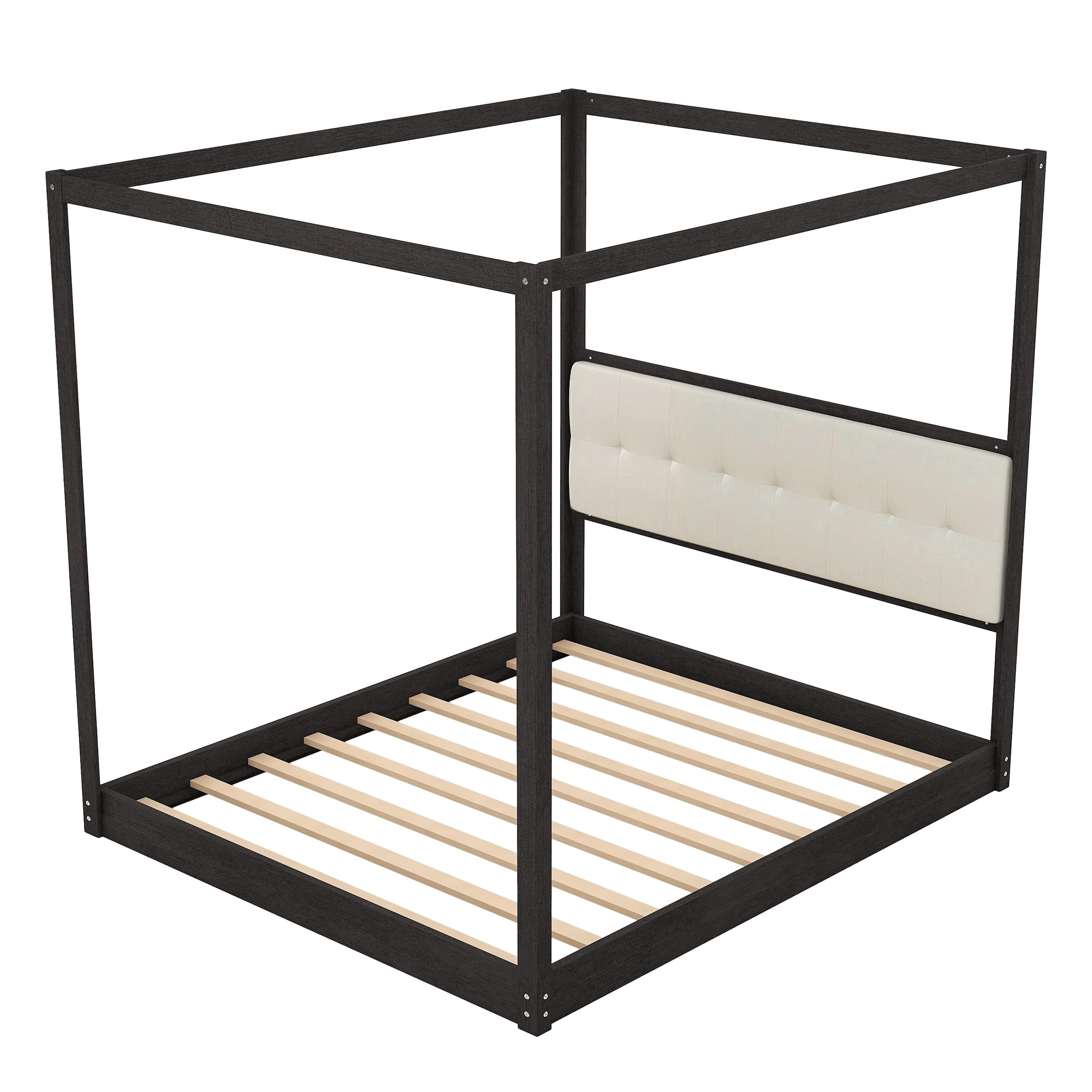EMKK Canopy Bed Frames Platform Bed Frame Four-Poster Canopied Bed Mattress Foundation with Headboard,No Box Spring Needed Easy Assembly,King Size Wooden Canopy Platform Bed with Upholstered Headboard