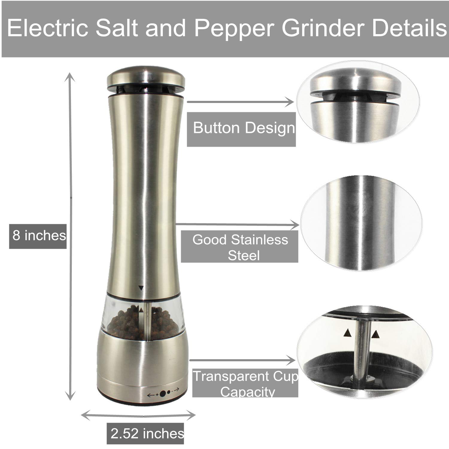 HQGSJ Electric Salt and Pepper Grinder,Battery Operated with LED Light,Stainless Steel Automatic Mill,Adjustable Ceramic Coarseness Salt grinder and pepper Mill (ONE PACK)
