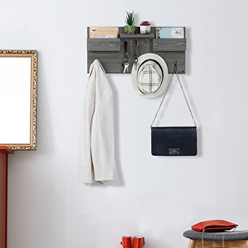 MyGift Wall Mounted Vintage Gray Solid Wood Mail and Key Holder Organizer Rack with Antique Key Hooks, Display Shelf and Letter Storage Bins, Entryway Family Command Center