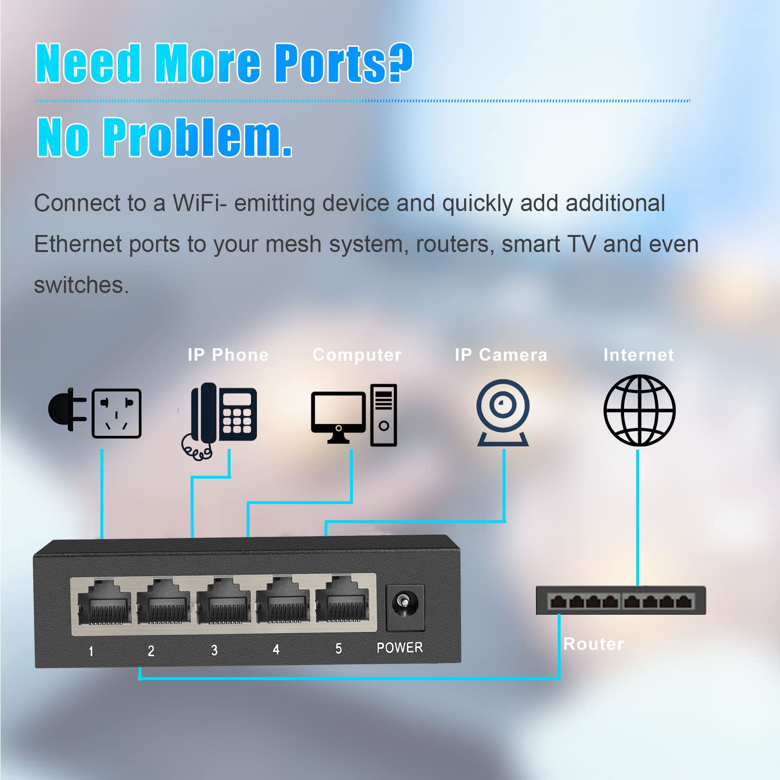 ienRon 5 Ports Gigabit Network Switch, Supported Desktop or Wall Mount Plug and Play with AI Detection Unmanaged Tiny Ethernet Splitter Network Switch in Metal Case, Red / Black