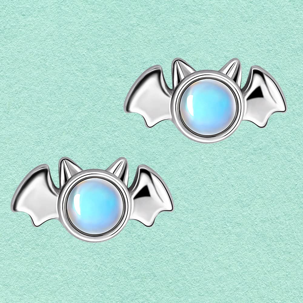 Halloween Moonstone Bat Earrings Sterling Silver Vampire studs for Women Hypoallergenic Piercing Stud for Sensitive Ears Fashion Gothic Jewelry
