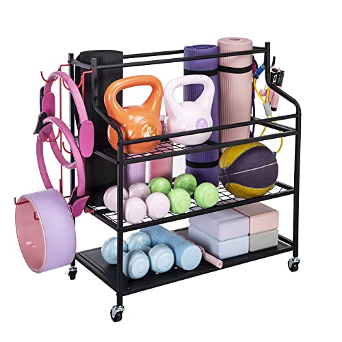 QUSIMI Yoga Mat Equip Storage Rack on Wheel, Dumbbells Kettlebells Workout Storage Weight Rack Cart,Large Home Gym Equipment Multi-use Storage Rack Holder Organizer