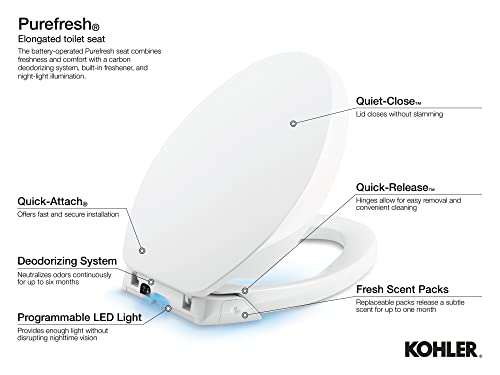 KOHLER 5588-0 Purefresh Elongated Nightlight, Grip-Tight Bumpers, Quiet-Close Release Hinges, Quick-Attach Hardware, No Slam Toilet Seat, White