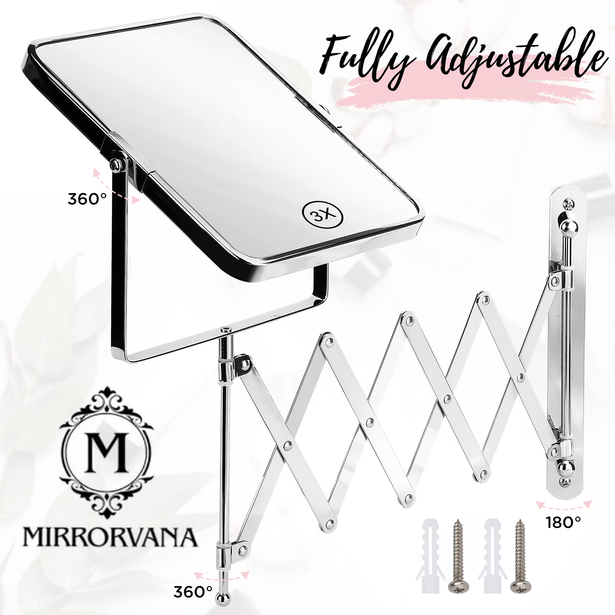 MIRRORVANA Wall Mounted Mirror for Shaving & Makeup, Double Sided 3X / 1X Magnifying and Hangable Fogless Shower Mirror for Shaving with 360° Swivel Hook for Hanging