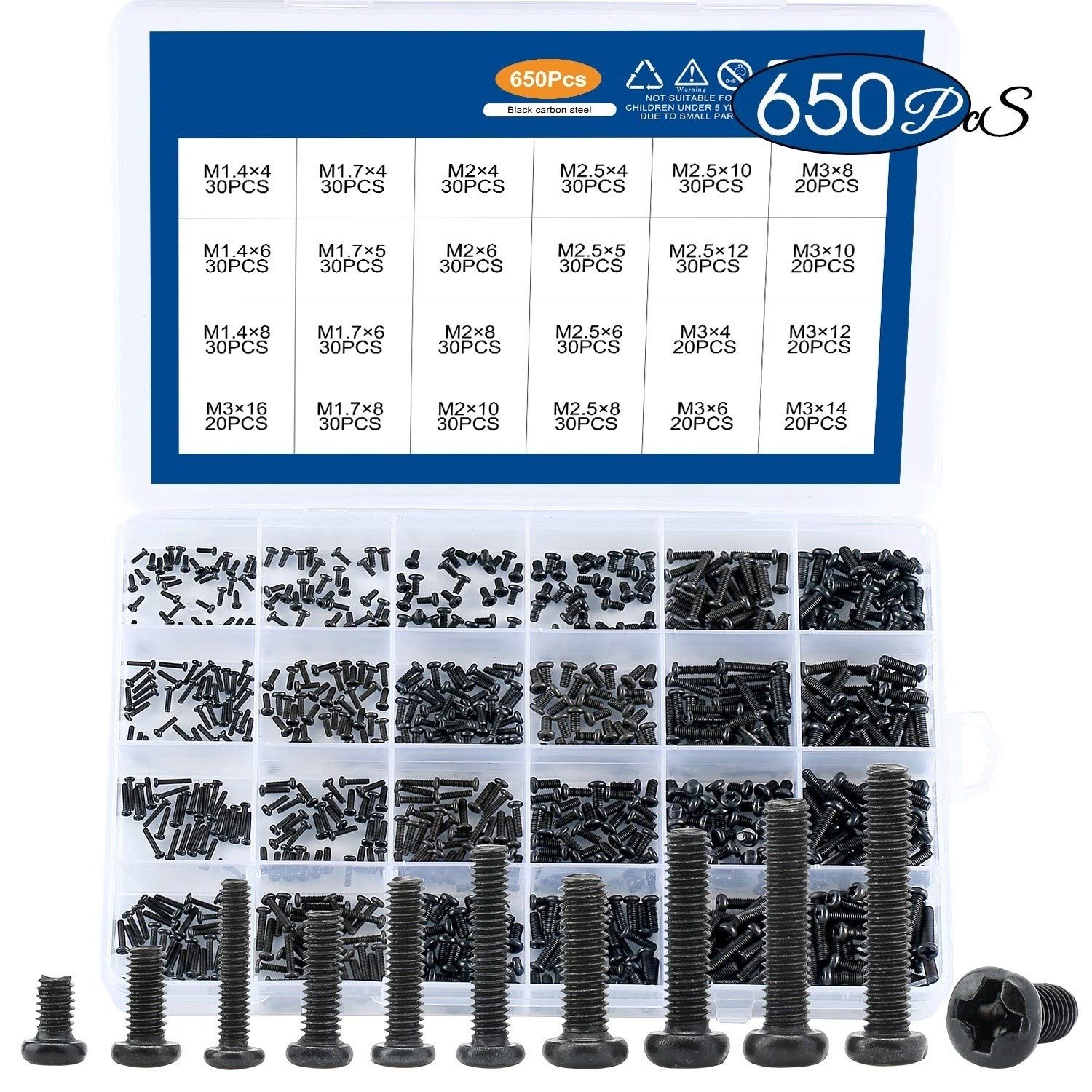 KHGWERO CZMY 650pcs Cross Recessed Round Pan Head Machine Screws Set M1.4 M1.7 M2 M2.5 M3 Mini Screw Laptop Computer Screw Cross Screw Kit