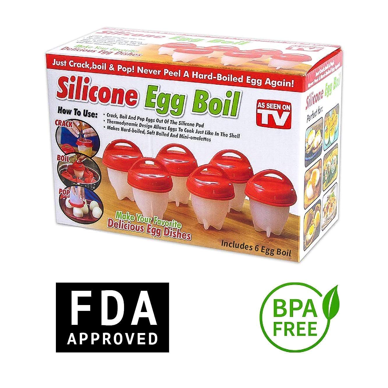 Shaliyan Egg Cooker-6 Pack 6 Exclusively and Holder 6 Nonstick Silicone Seen on TV Hard Boiler Poache, Standard, White/Red