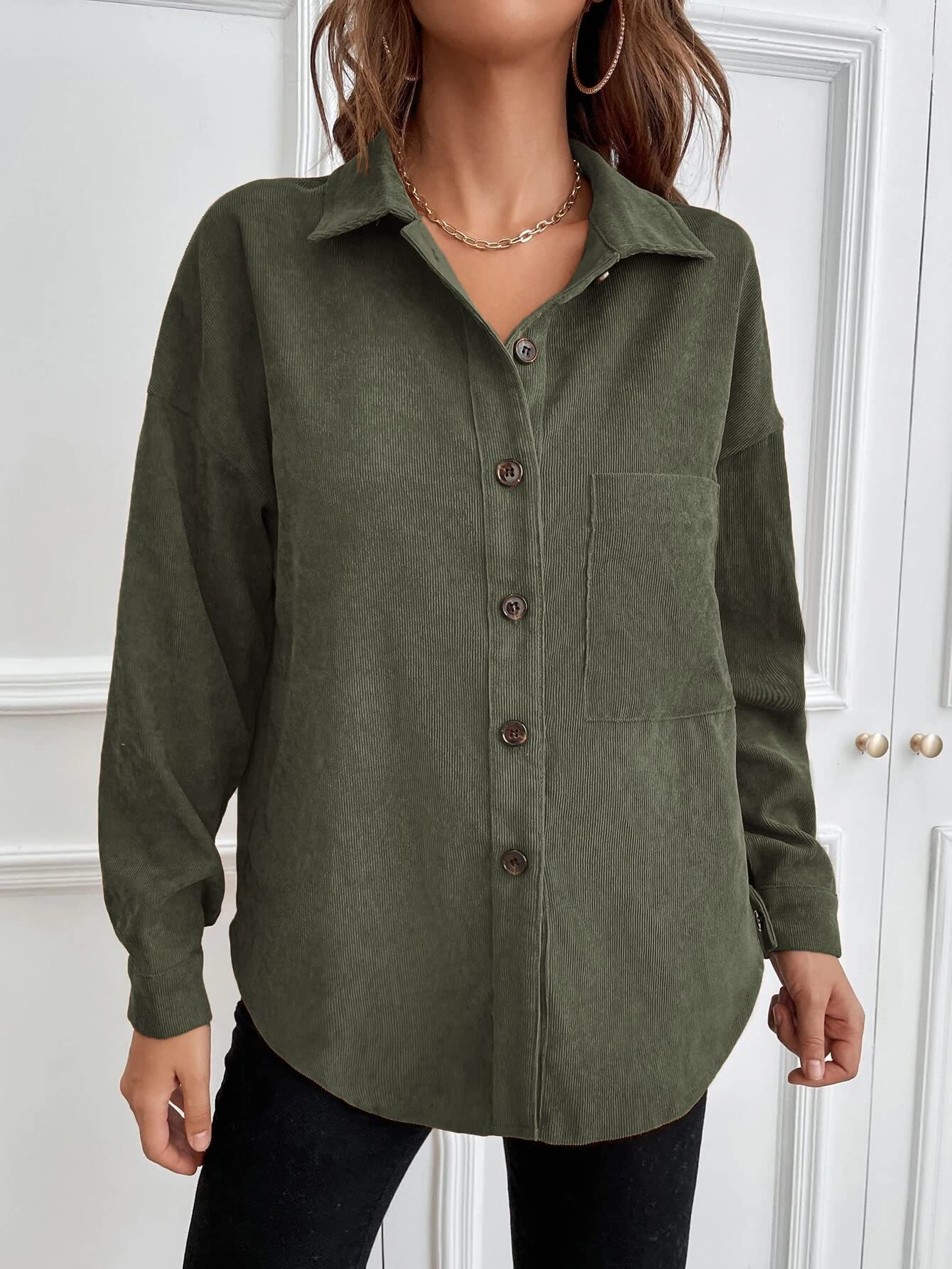 Floerns Women's Casual Long Sleeve Button Down Corduroy Shirt Blouse Top Army Green