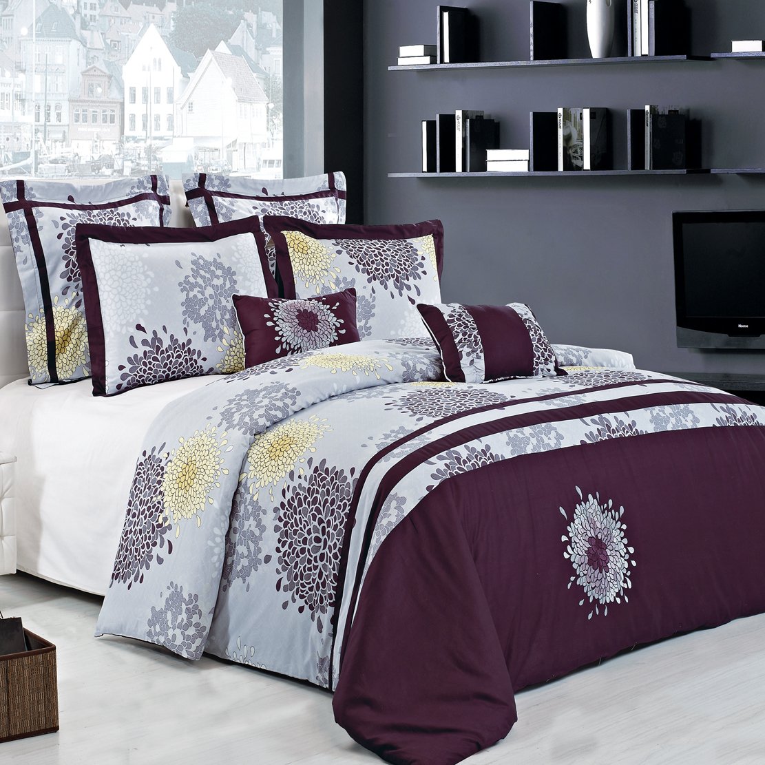 sheetsnthings 100% Cotton (Duvet Cover Set) Purple Fifi - Queen - Embroidered, Super Soft, 7PC Duvet Covers