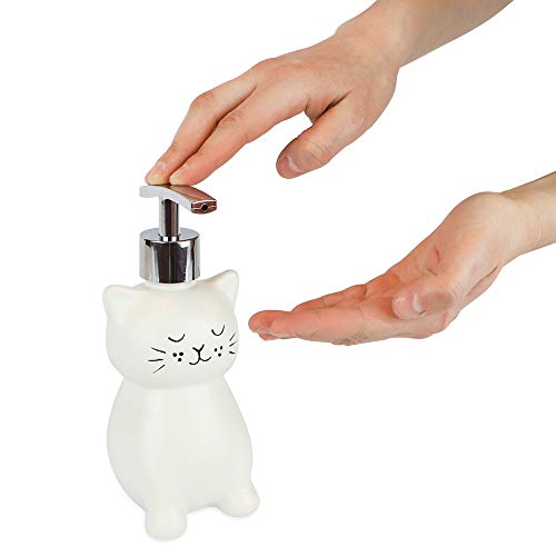 Isaac Jacobs White Ceramic Cat, Liquid Soap Pump/Lotion Dispenser with Chrome Metal Pump (Holds Up to 12 Oz) β Great for Bathroom, Kitchen Countertop, Bath Accessory (Cat)