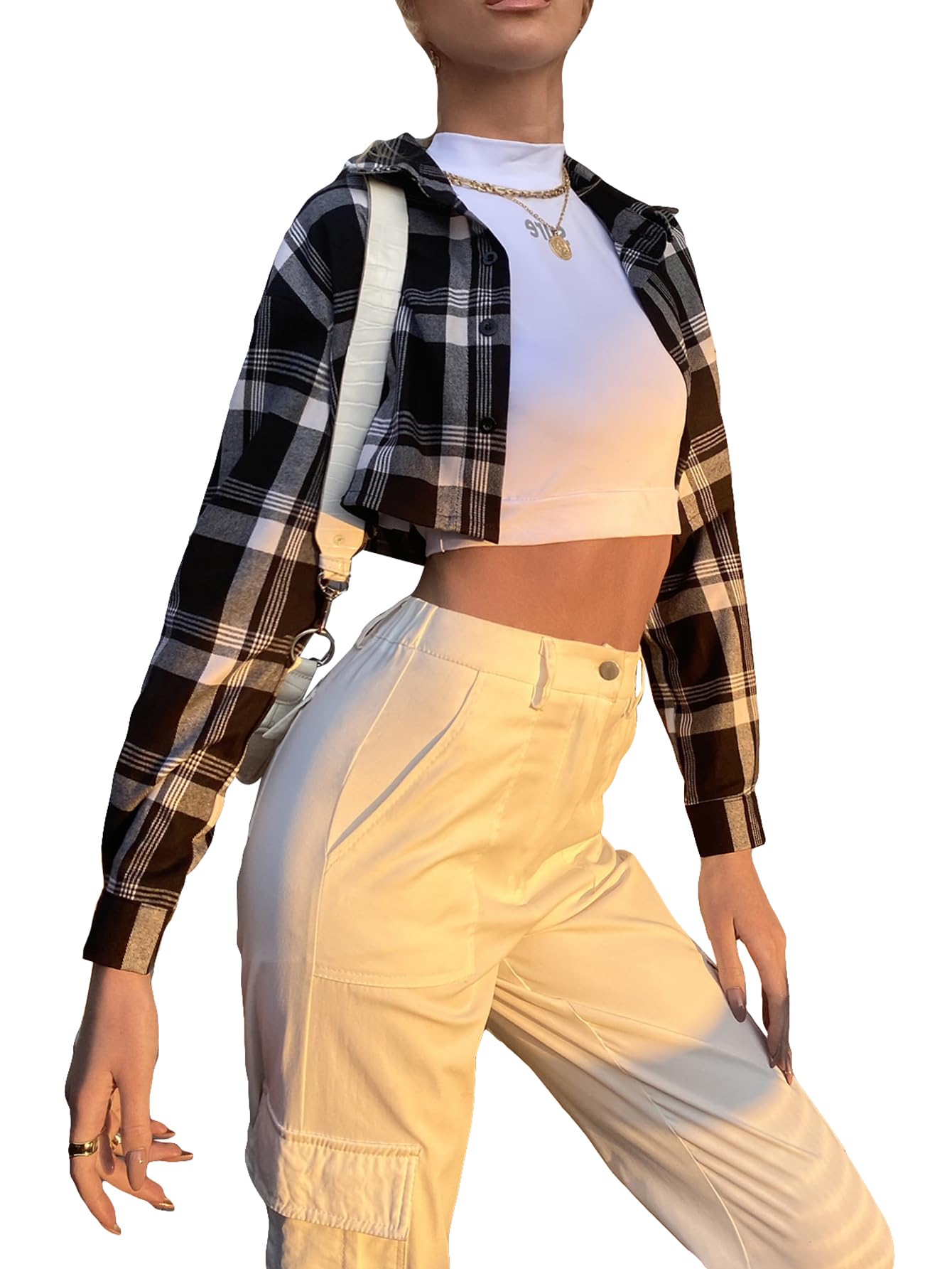 Floerns Women's Long Sleeve Collar Button Down Plaid Crop Top Blouse Black and White M