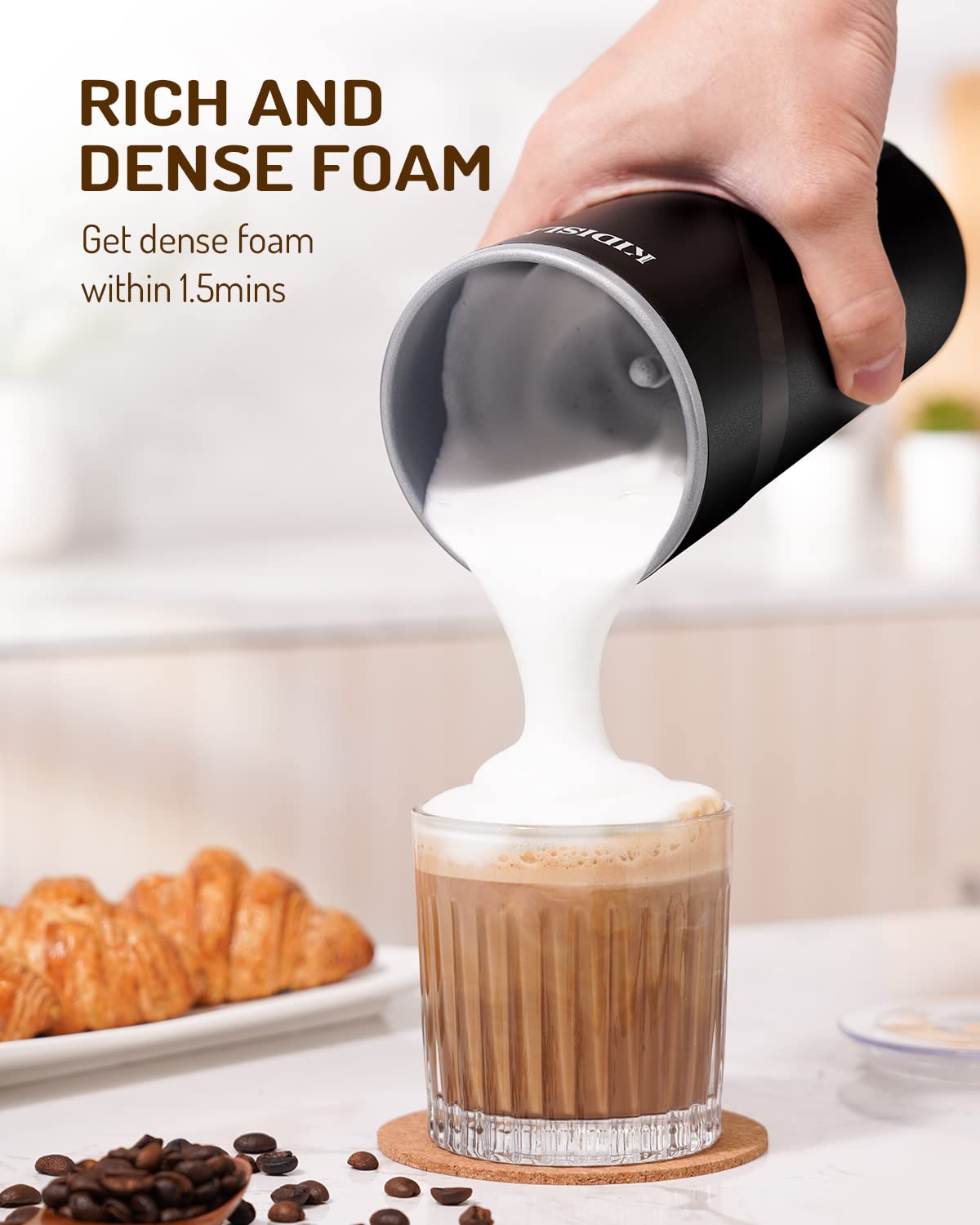 KIDISLE 4-in-1 Milk Frother and Steamer, Electric Milk Steamer with Keep Warm Function, Automatic Warm and Cold Foam Maker for Coffee, Latte, Hot Chocolate, Cappuccinos, Macchiato, Black