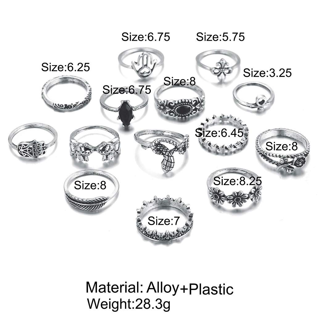 Haloty Boho Black Crystal Joint Knuckle Rings Silver Elephant Midi Rings Set Snake Flower Stackable Finger Rings Jewelry for Women and Girls (14PCS)