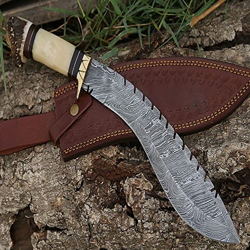 Handmade Damascus Kukri Knife with Stag Horn and Bone Handle Survival Knife Anniversary Gift Camping Knife Gift for Him Groomsmen gift EDC