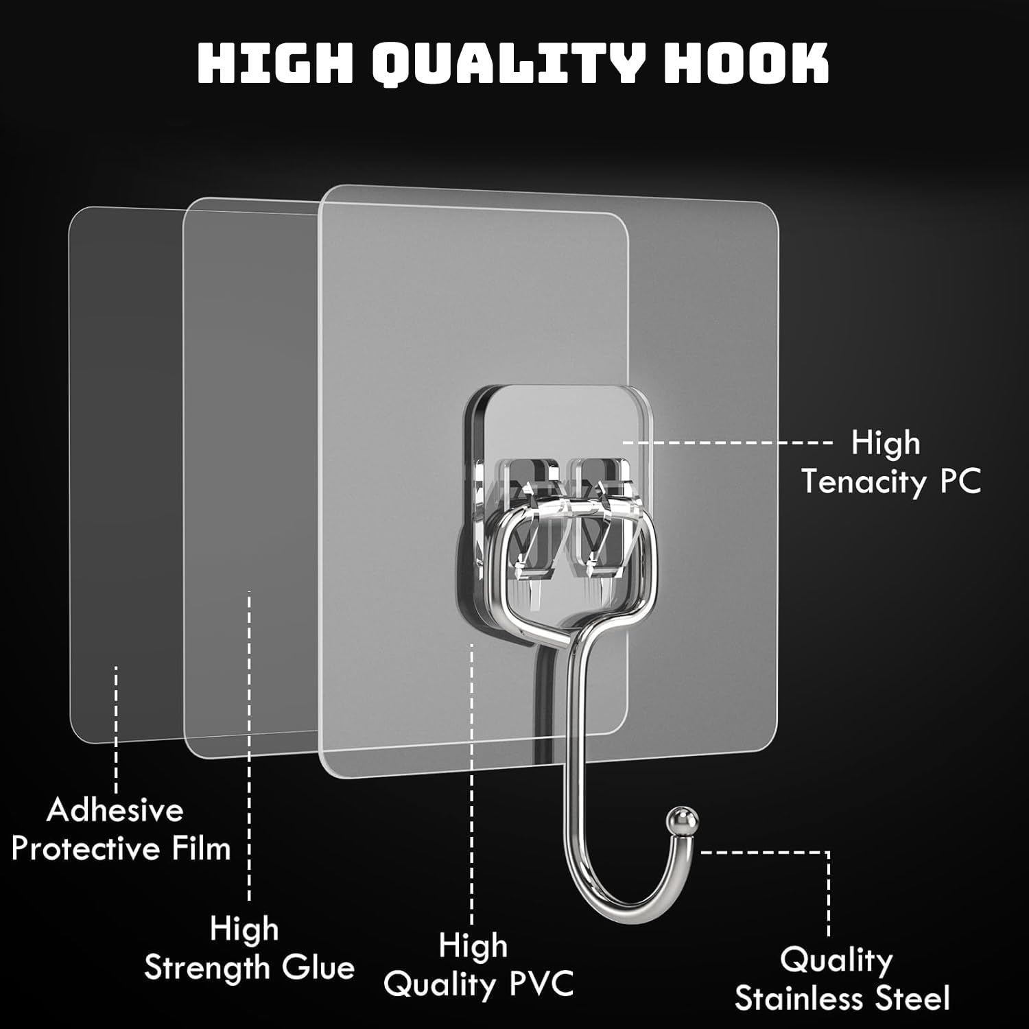 Large Adhesive Hooks, 30-Pack Heavy Duty Sticky Hooks, Waterproof Transparent Hooks, Self-Adhesive Traceless Hooks for Hanging, Clear Hooks with No Damage Installation