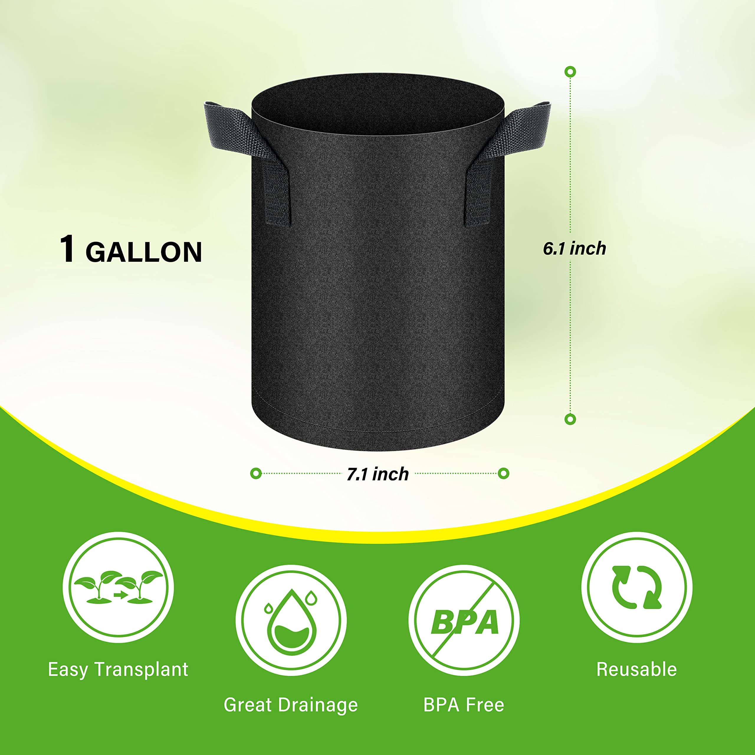 HealSmart 6-Pack 1 Gallon Nonwoven Grow Bags, Aeration Fabric Pots with Handles, Suitable for Garden Fruits, Vegetables and Flowers, Black
