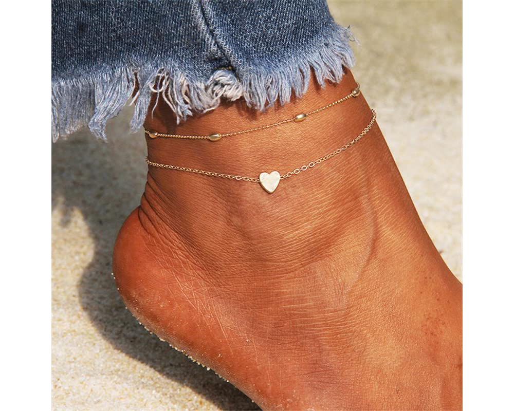 Fesciory Women Anklet Adjustable Beach Ankle Chain Gold Alloy Foot Chain Bracelet Jewelry Gift (Heart)
