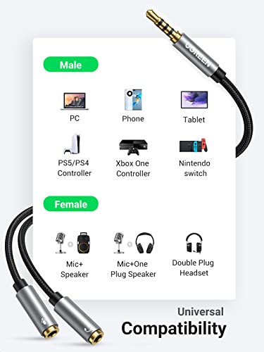 UGREEN Headphone Splitter 3.5mm 2 Female to 1 Male Mic and Audio Y Splitter TRRS Headset Adapter Cable Stereo Compatible with Laptop PS4 Xbox PC Phone Tablet Gaming