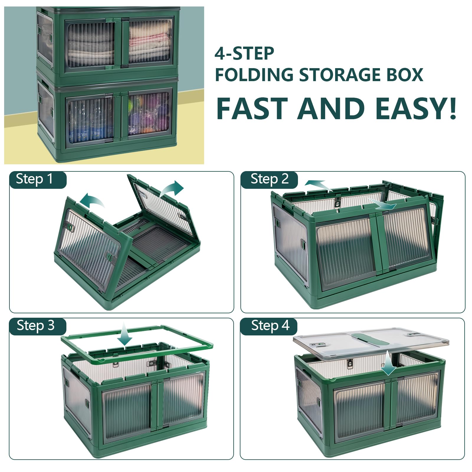 NOCCUR 3 Pack American Style Collapsible Storage Boxes, 14.5Gal Green Plastic Storage Bins with Lids and Doors, for Bedroom, Living Room
