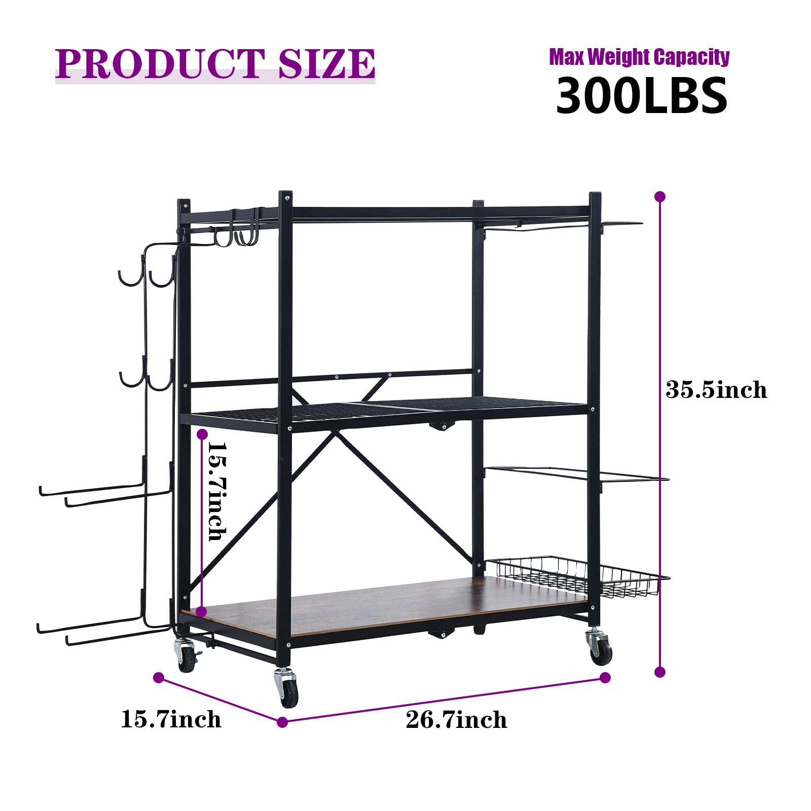 Home Gym Storage, Foldable Yoga Mat Storage Rack for Gym Equipment, Women Men Yoga Mat Holder with Hooks & Wheels, Multifunctional Workout Equipment Storage Rack for Dumbbells