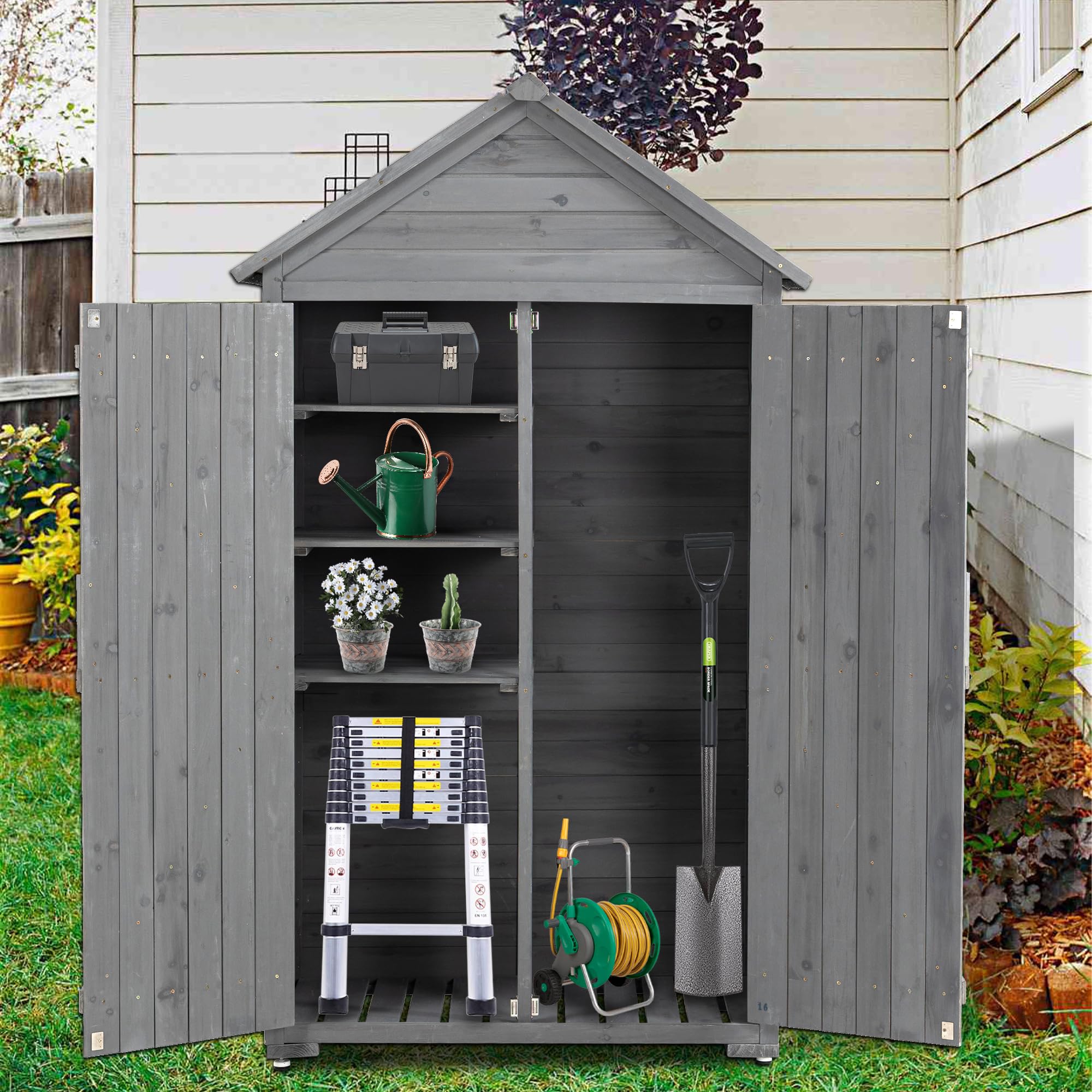 Miscoos Outdoor Wood Storage Shed, Vertical Garden Shed Closet with Lockable Doors, Outside Tool Shed Storage Cabinet with Floor,Detachable Shelves,Pitch Roof for Poolside Backyard Porch