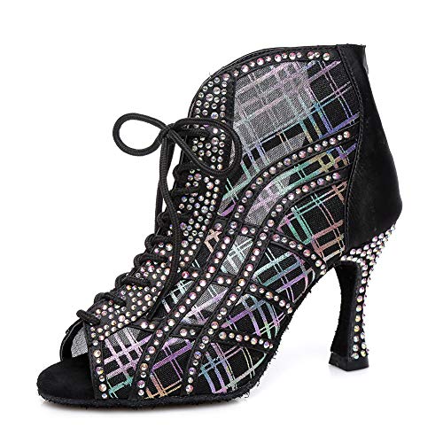 HROYL Women's Ballroom Latin Salsa Dance Shoes Lace-up Open-toe Dance Boots,YCL434-Black-7.5,US8.5