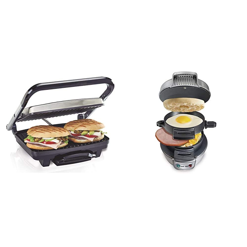 Hamilton Beach Panini Press, Sandwich Maker & Electric Indoor Grill, Upright Storage, Nonstick Easy Clean Grids, Stainless Steel (25410) & Breakfast Sandwich Maker, Silver (25475A)