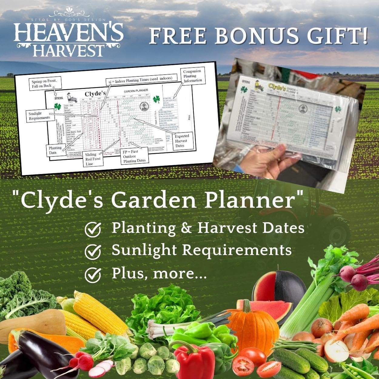 Heaven’s Harvest “10 Year Garden” Survival Seed Bank Kit | Over 25k Non GMO Heirloom Vegetable Survival Seeds + 2 Free Bonus Items: Clyde’s Garden Planner + Seed Vault Storage Drum for 10 Year Storage