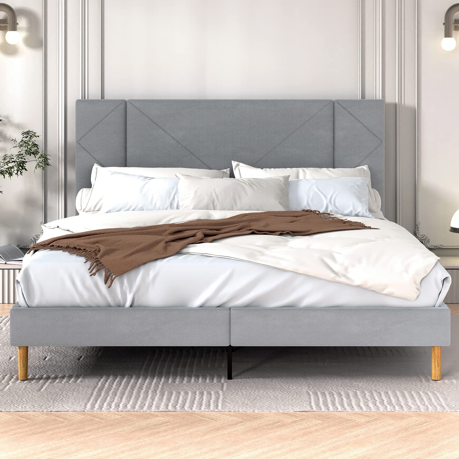 Flolinda King Size Bed Frame and Headboard, Velvet Upholstered Tufted Bed Frame King, Mattress Foundation with Sprung Slats, King Bed Frame No Box Spring Needed, Easy Assembly