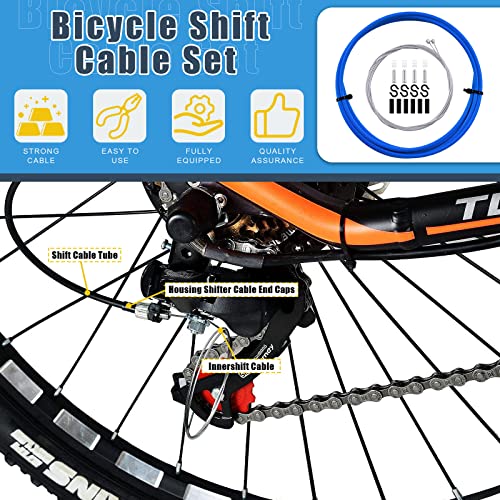 Glarks 5Pack Blue Bicycle Shifter Cable Housing Kit with Aluminum End Caps S Hook Crimps for Mountain Road MTB Bike Replacement