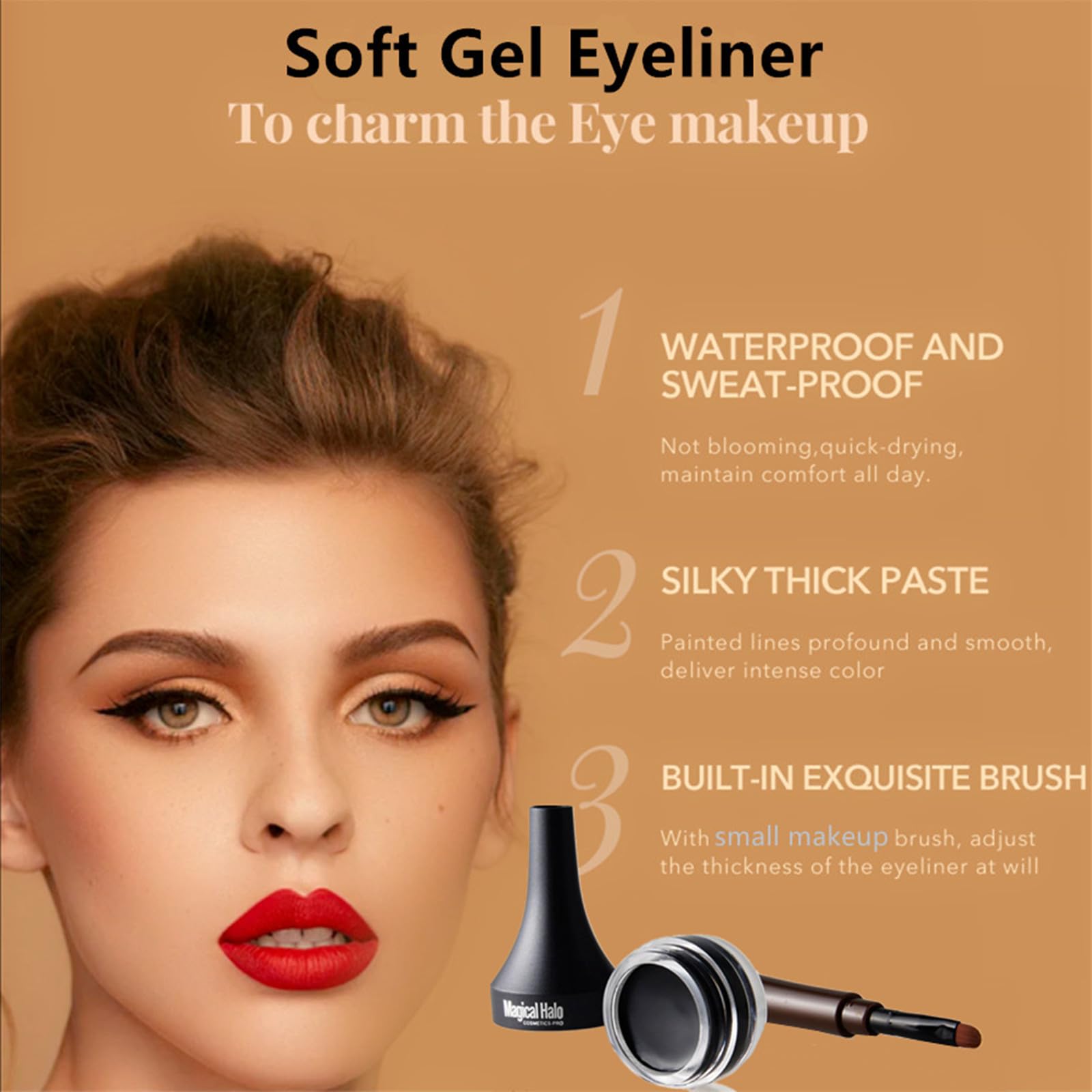 Go Ho Waterproof Gel Eyeliner Pot,Smudge proof &Long Lasting Black Eyeliner,High Pigment Smooth Cream Eyeliner Gel with Brush,Easy to Apply Eyebrow Gel Pot,1#Dark Black