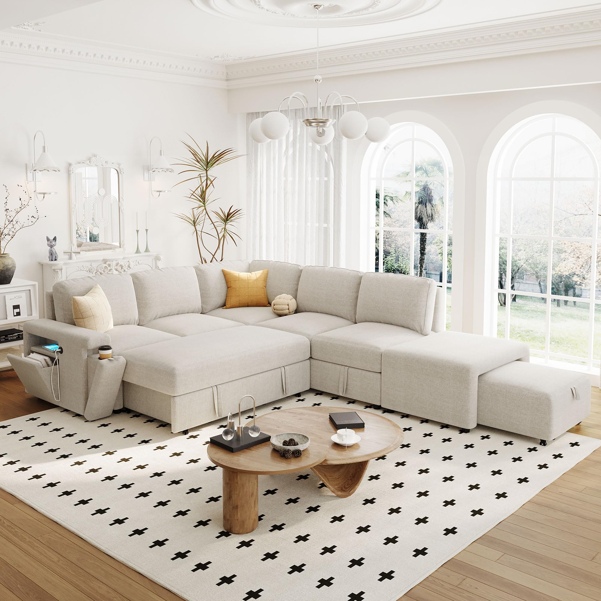 L-Shaped Corner Sectional Sofa Couch, Modern Padded Modular Sofa with Storage Space, USB Ports and Cup Holders on The Armrests, Suitable for Living Rooms, Offices, Apartments (Beige-87WD)