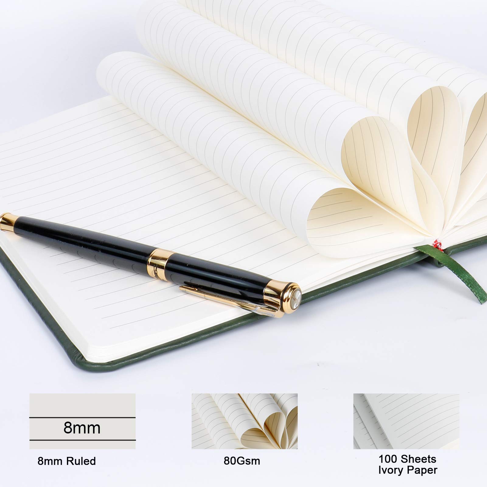foroxin Lined Journal Notebook Dark Green Leather for Women Men 2 Pack 8.3 x 5.7 Large College Ruled 192 Pages 80gsm Hardcover Notebooks Work Home School with Elastic Band Closure and Ribbon Bookmark