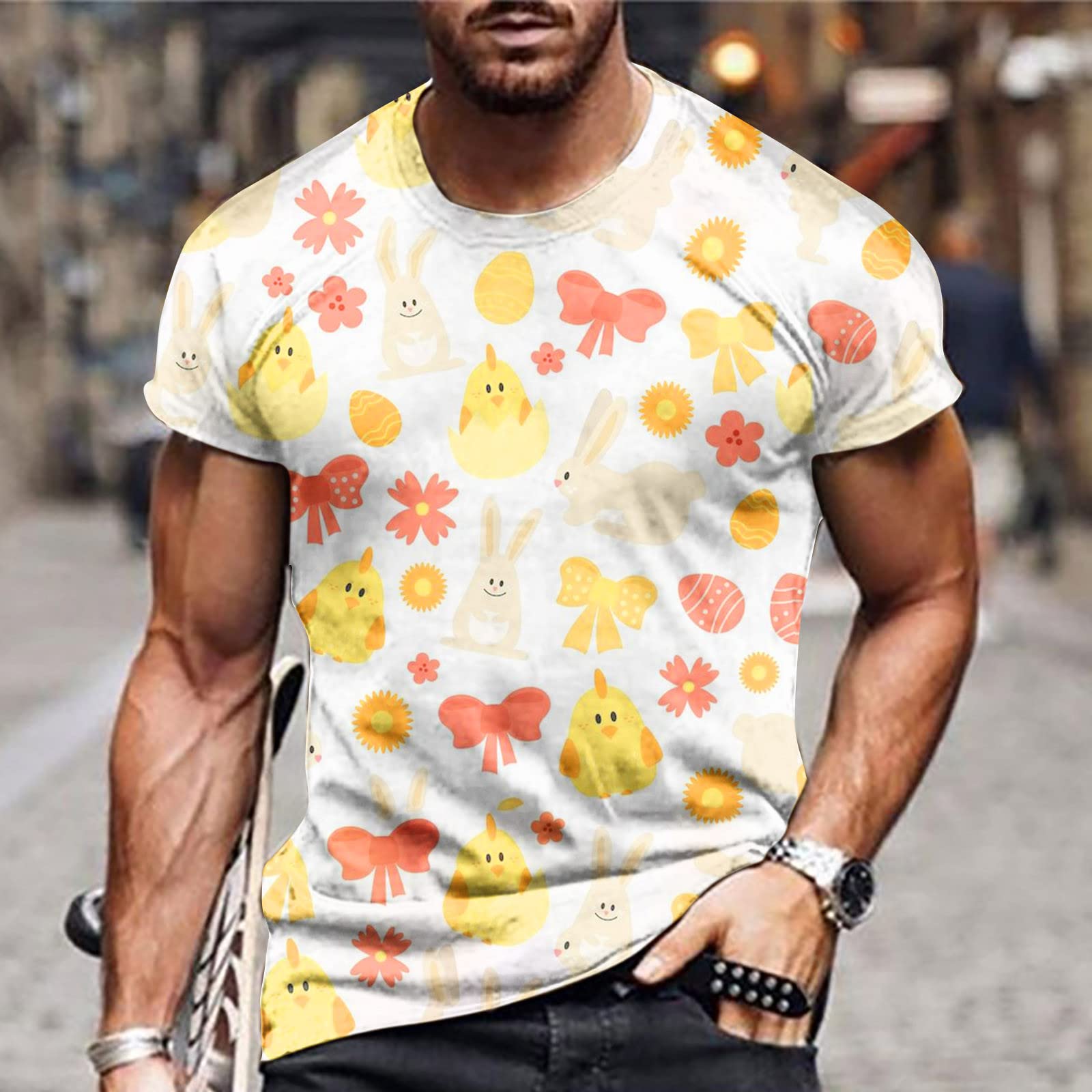 Happy Easter Men's Shirt Casual Pullover Funny Eggs Print T-Shirt Tops Shirt Round Neck Mens Short Sleeve Tee Shirt Yellow
