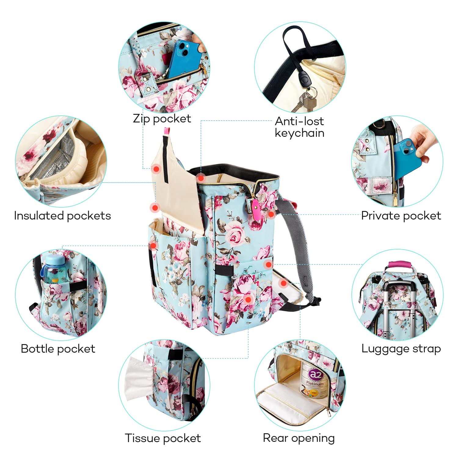 LitBear Diaper Bag Backpack with Portable Changing Pad & Stroller Straps, Big Baby Bags for Boys Girls, Multipurpose, Waterproof & Stylish Travel Back Pack for Moms Dads