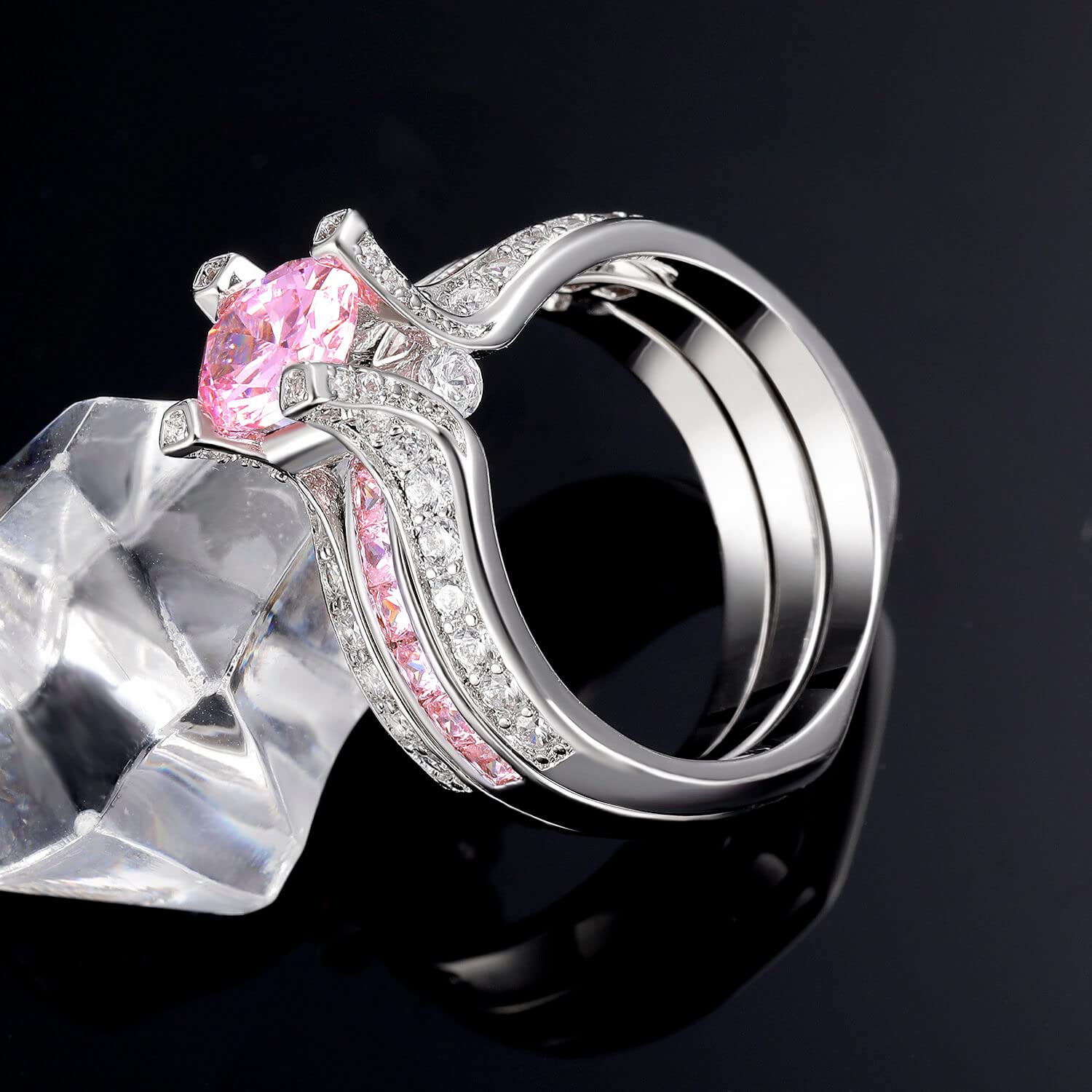 Engagement Promise Rings,18K White Gold Plated Three-in-One Oval Pink Cubic Zirconia Wedding Ring Set for Women bride (5)