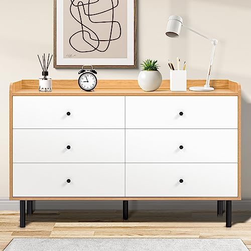 KFO Dresser for Bedroom, 6 Drawer Dresser with Metal Handle, Sturdy Frame Modern Bedroom Furniture, Chest of Drawers, Wood Dresser with Drawers for Living Room, Hallway, Children Room